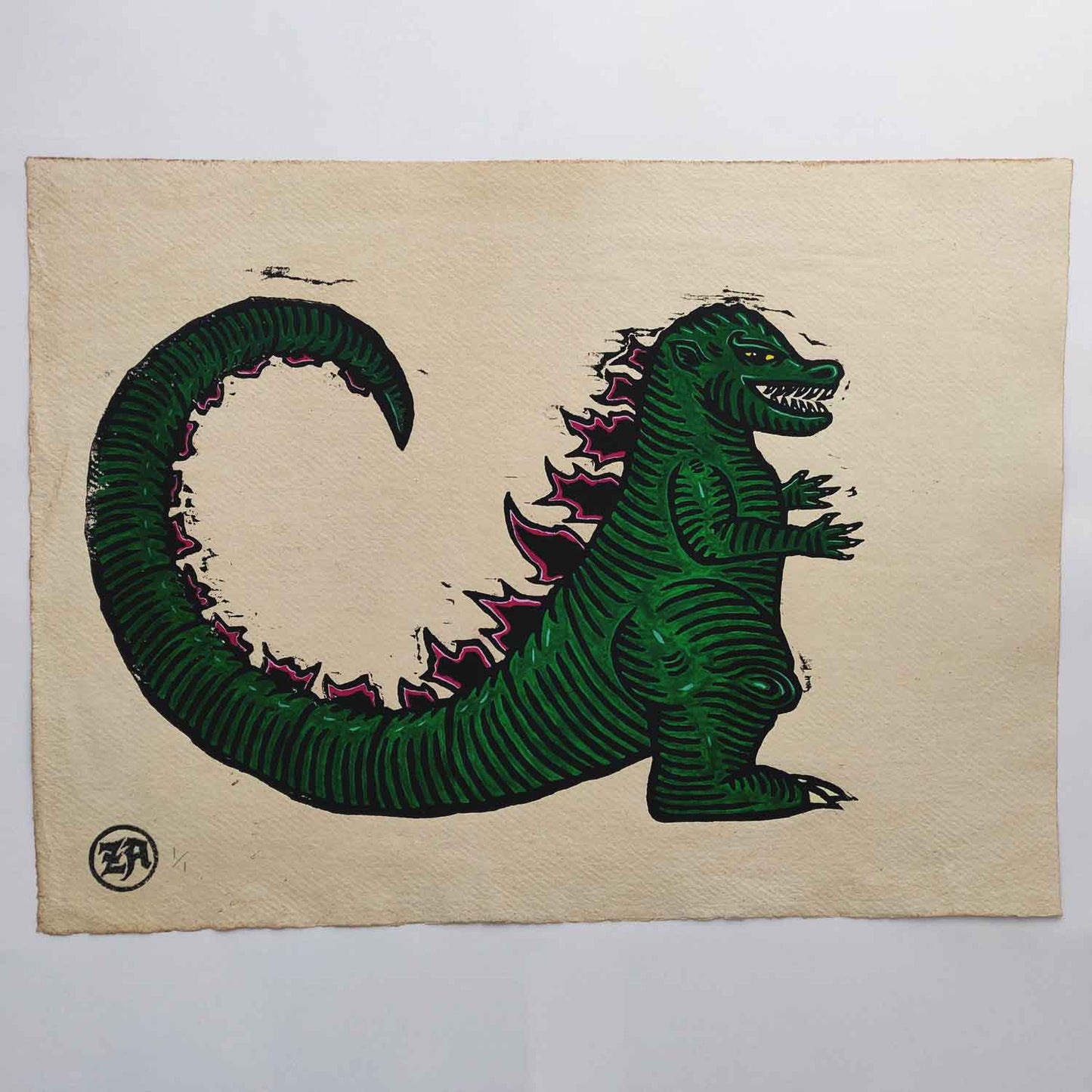 Medieval Godzilla - woodcut print – Zealous Alchemy